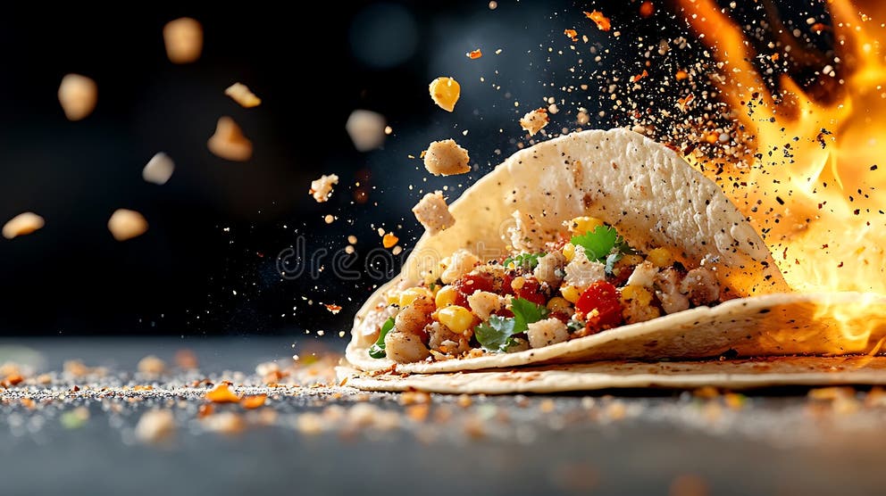 Exploding Taco with Chicken and Corn on Fire Background Stock ...