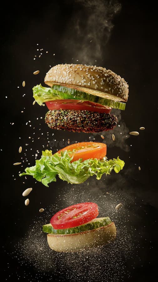 Exploding Vegan Burger with Layers of Vegetables and Sesame Bun Stock ...