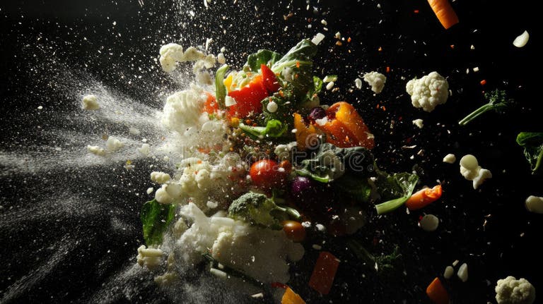 Exploding Vegetables in Motion Against Black Backdrop Capture Dynamic ...