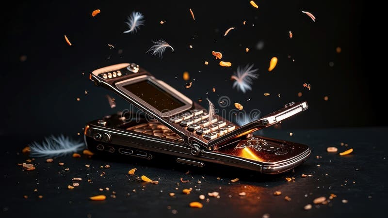 Exploding Vintage Flip Phone with Flying Debris and Feathers Against ...