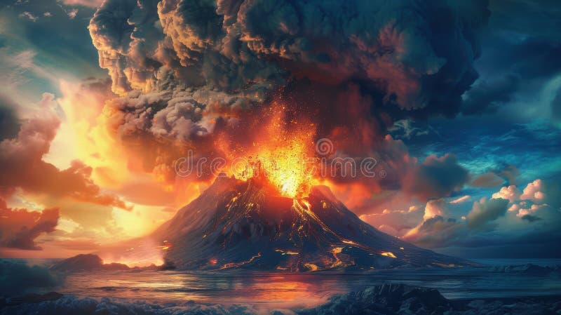 Exploding Volcano with Lava and Ash Against Dramatic Sky for Intense ...