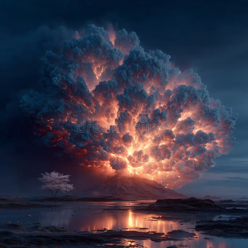 Exploding Volcano at Twilight with Glowing Ash Cloud and Lone Tree ...
