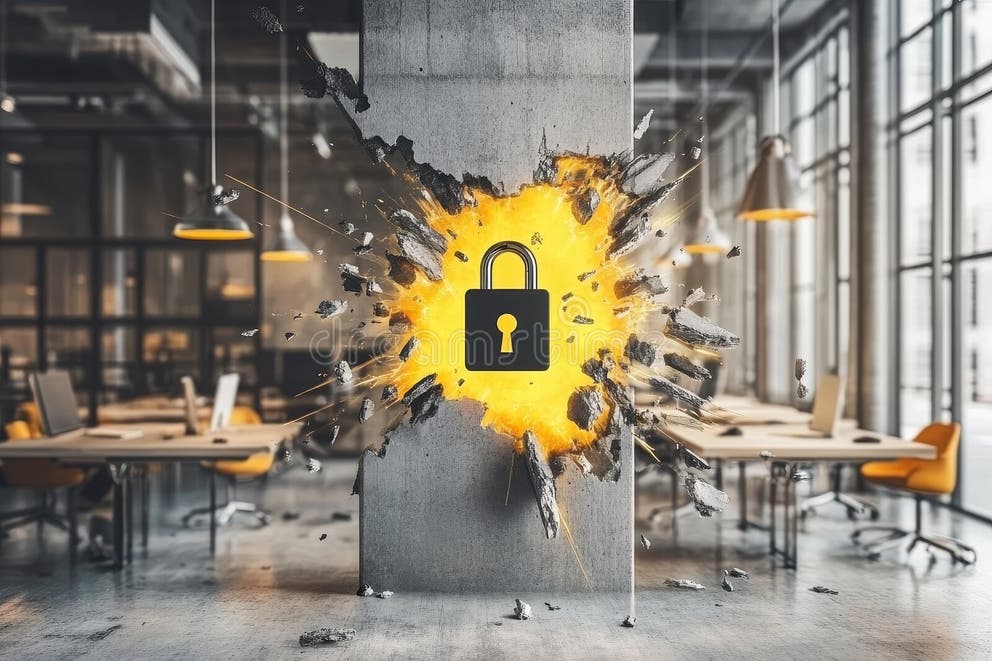 Exploding Wall with Digital Lock Symbol in Modern Office Space Stock Photo - Image of workspace ...