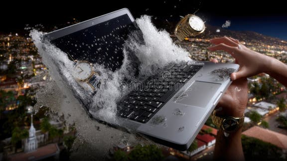 Exploding Water and Clocks Burst from a Laptop Held by a Hand, Set ...