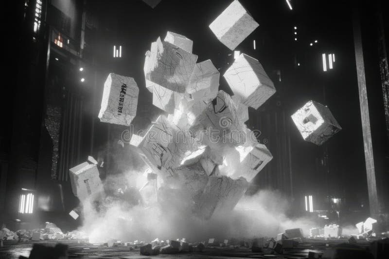 Exploding White Cubes with Dark City Stock Illustration - Illustration ...