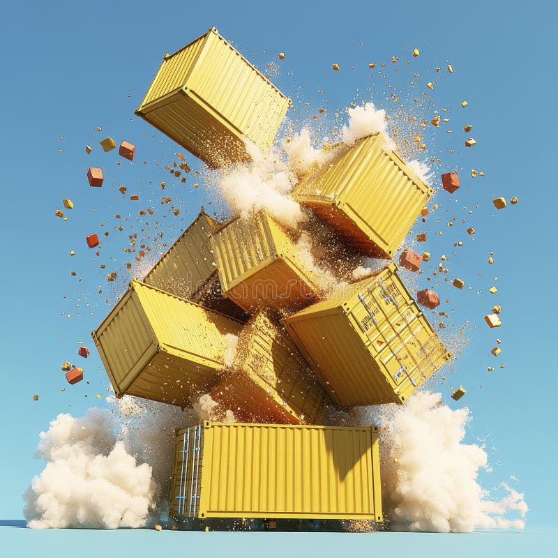 Exploding Yellow Shipping Containers 3D Render of a Chaotic Collision ...