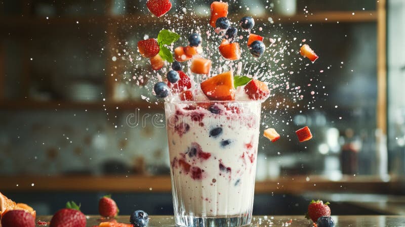 Exploding Yogurt Parfait with Flying Berries and Fruit Chunks Stock ...