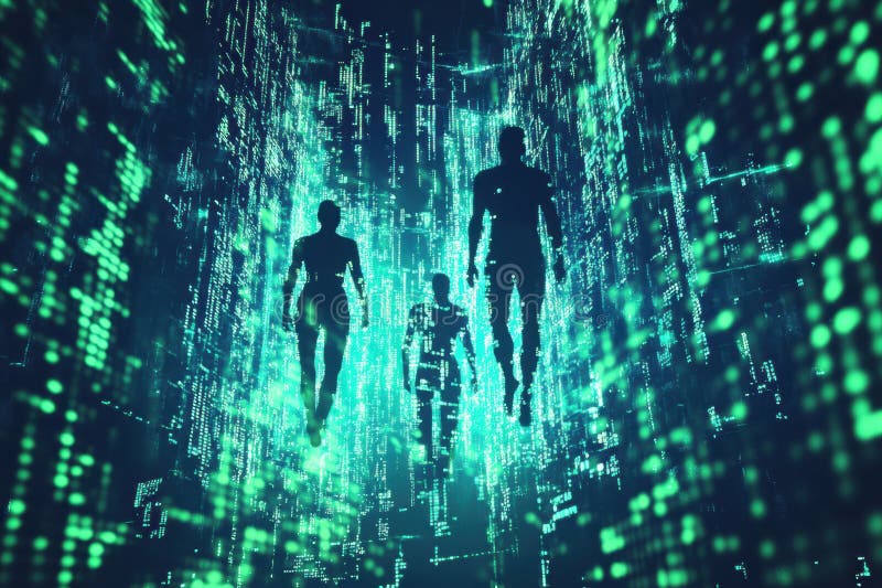 Exploration of a Digital Realm with Human Silhouettes Amidst a Matrix ...