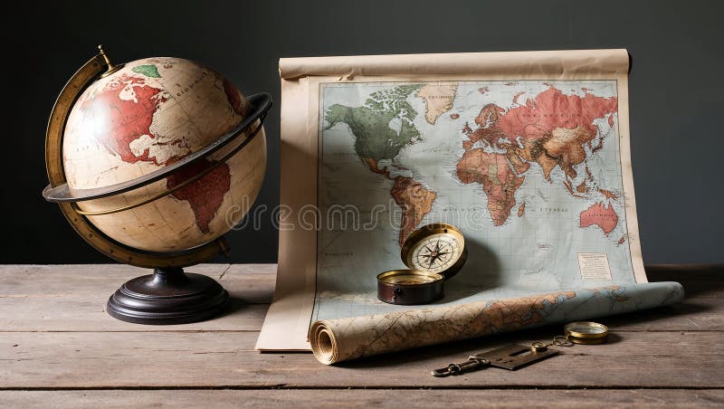 Exploration and Discovery Tools Displayed with a Globe and Vintage Maps ...