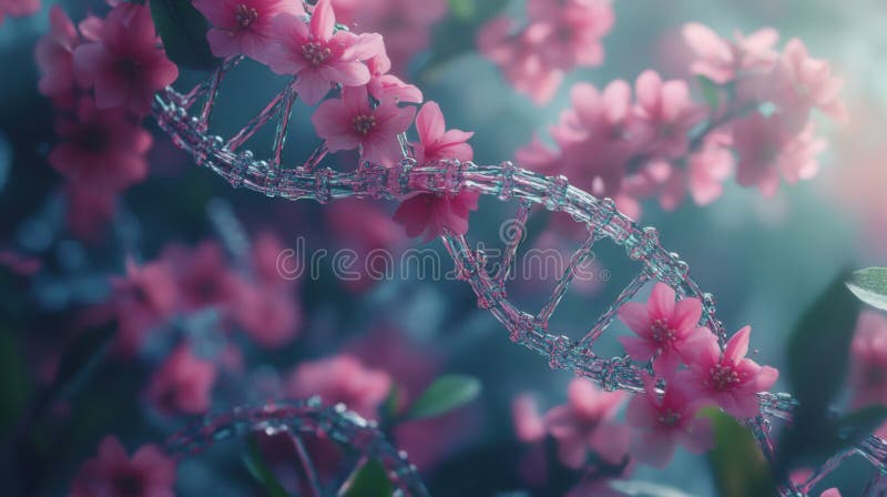 Exploration of DNA Structure Intertwined with Vibrant Pink Flowers in a ...