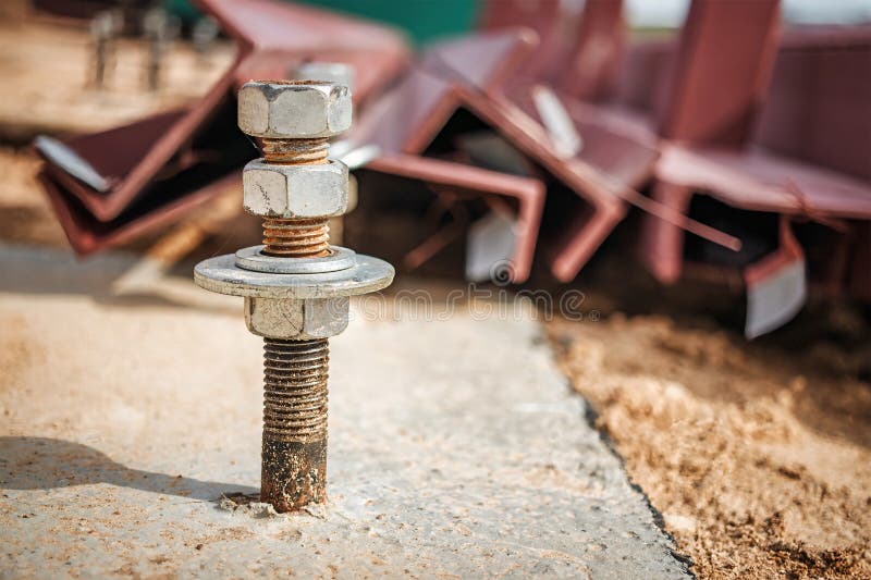Reinforced Concrete Foundation Showcasing Embedded Parts and Bolts on a ...