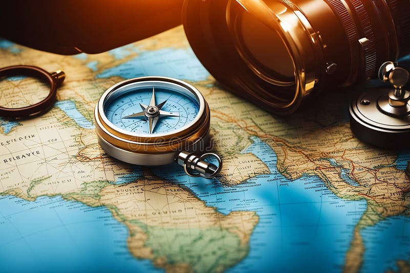 Exploration Essentials Map Compass and Camera. Travel Geography ...