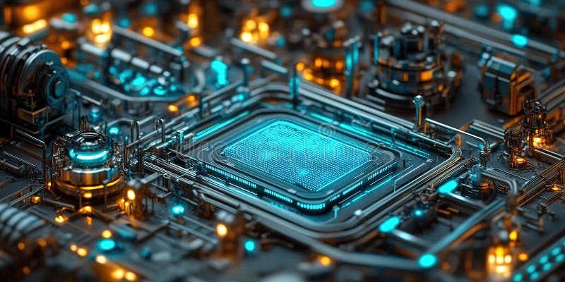 Exploration of Intricate Circuit Board Filled with Glowing Components ...