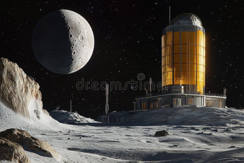 Exploration of a Lunar Base with a Distant Moon on a Starry Night Sky ...