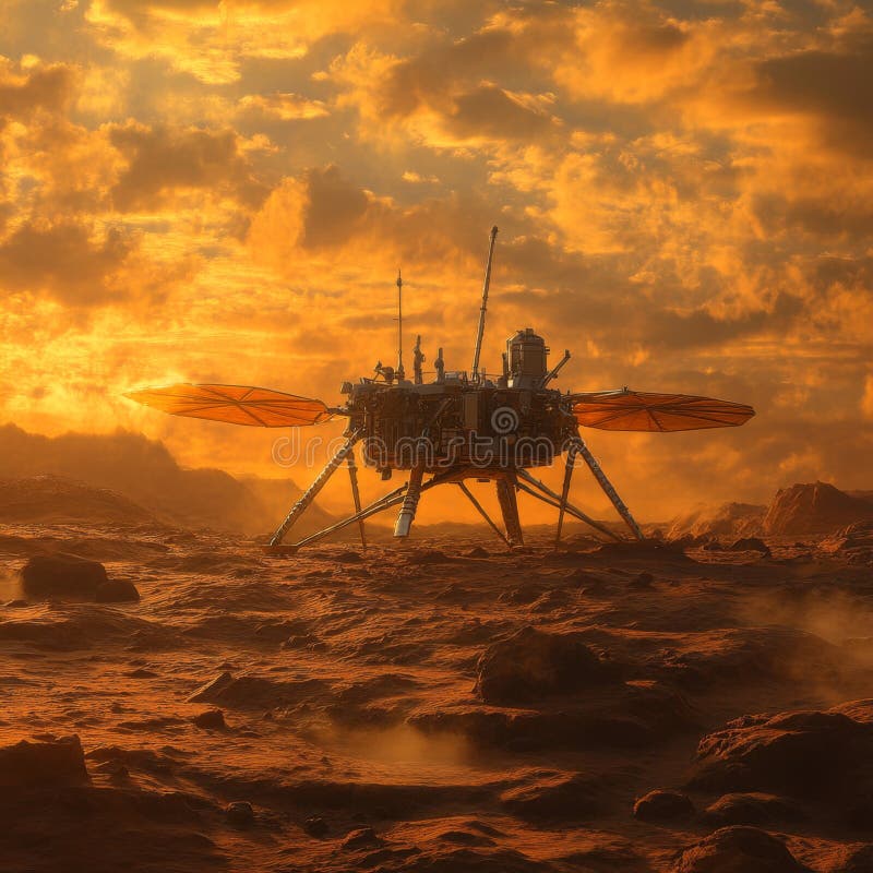 Exploration of Mars: Lander on the Martian Surface at Sunset on the Red ...