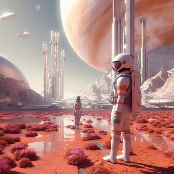 Exploration of Mars. Station on Mars and Astronaut Stock Illustration - Illustration of colony ...