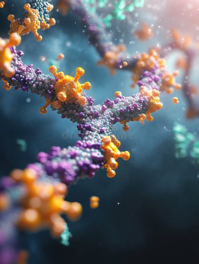 Close Up View of Molecular RNA Chain Surrounded by Viral Structures ...