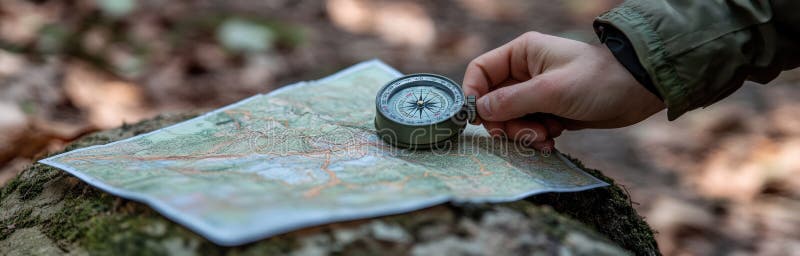Exploration and Navigation in Nature: Closeup of Hand Holding Compass ...