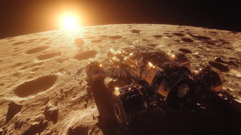 Exploration Rover on Lunar Surface during Sunset Stock Illustration - Illustration of moon ...