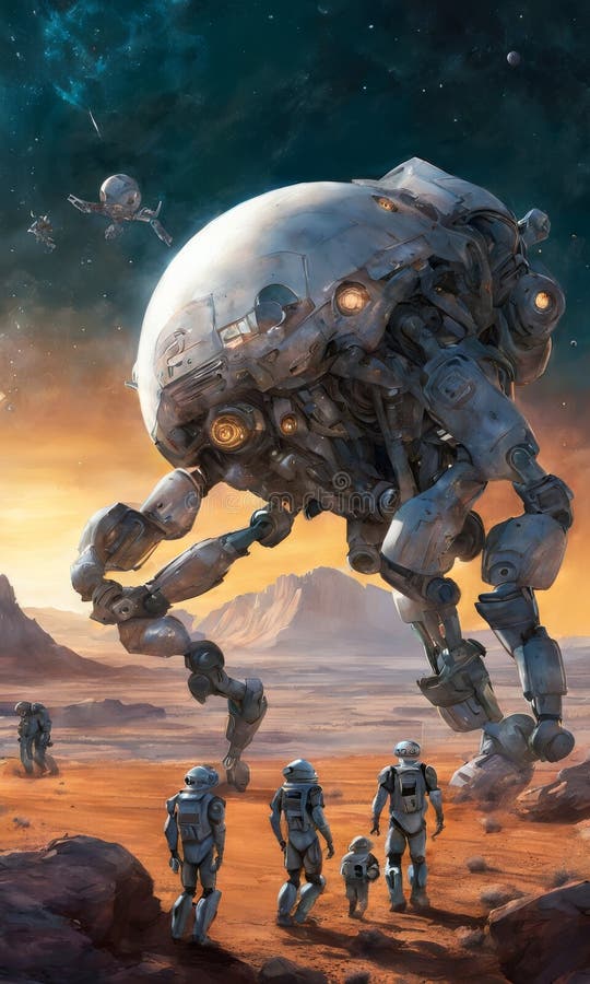 Exploration Team Approaching Giant Mech Stock Image - Image of ...