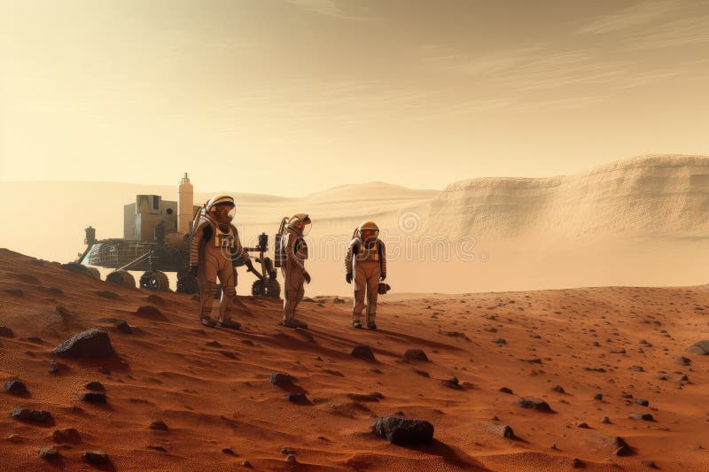 Exploration Team on the Surface of Mars, with Distant View of the Red ...