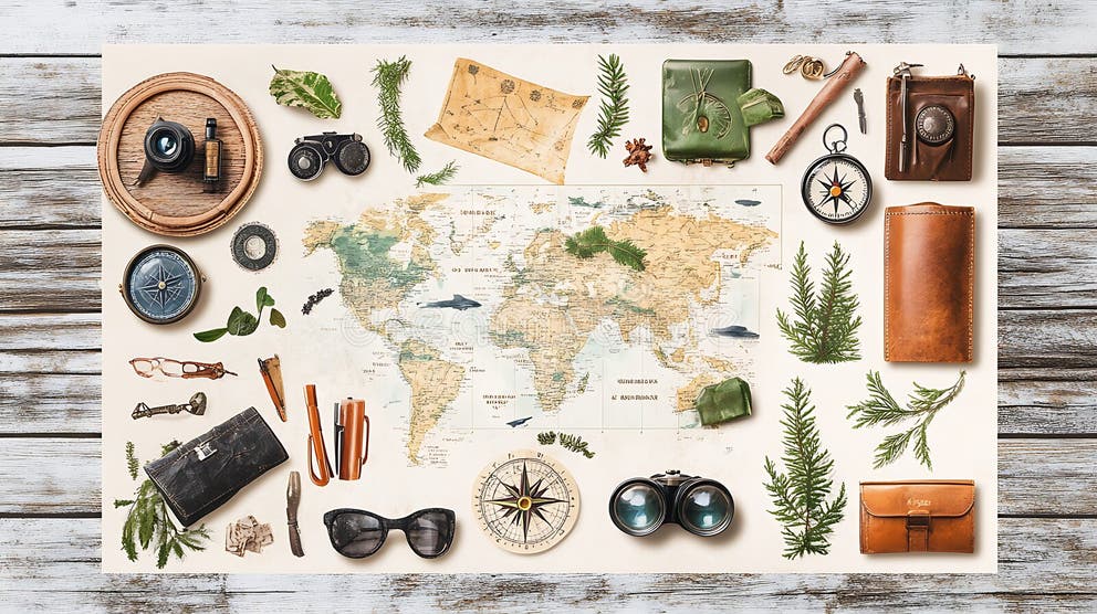 Exploration Tools and Accessories on World Map, Including Compasses ...