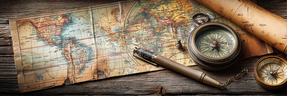 Exploration Tools Displayed on a Vintage World Map with Marker and ...