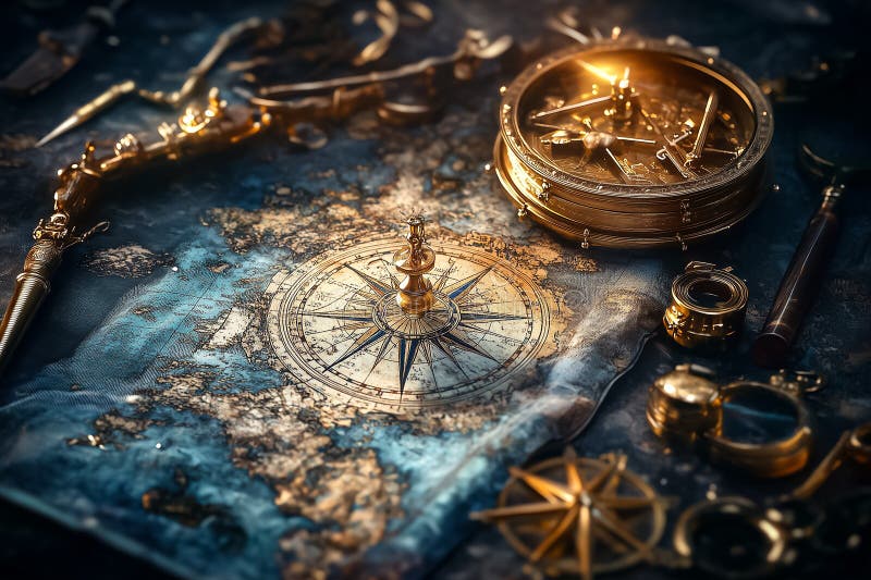 Exploration Tools Including a Compass and Decorative Elements Surround ...