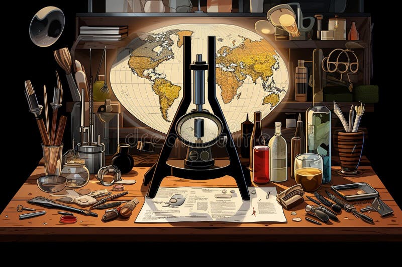 Exploration Tools on Mahogany Table with Magnifying Glass and World Map ...
