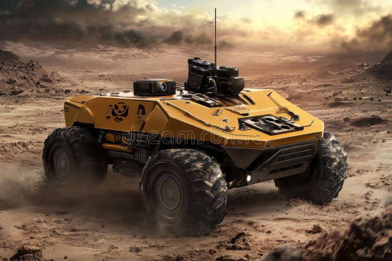 Exploration Vehicle Navigates a Rugged Alien Landscape during Twilight ...