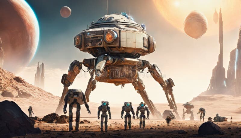 Exploratory Robots on a Distant Planet Landscape Stock Image - Image of terrain, team: 318928907