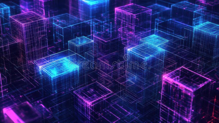 Explore Abstract Cityscape, Neon Grid Blocks in Complex Network, Digital Technology Theme Stock ...