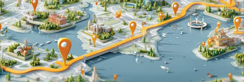 Explore an Abstract Map Featuring 3D Path Markers and Landmarks for an ...