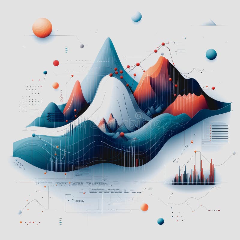Abstract Mountain Landscape with Data Visualization Elements, Featuring 3D Geometric Shapes ...