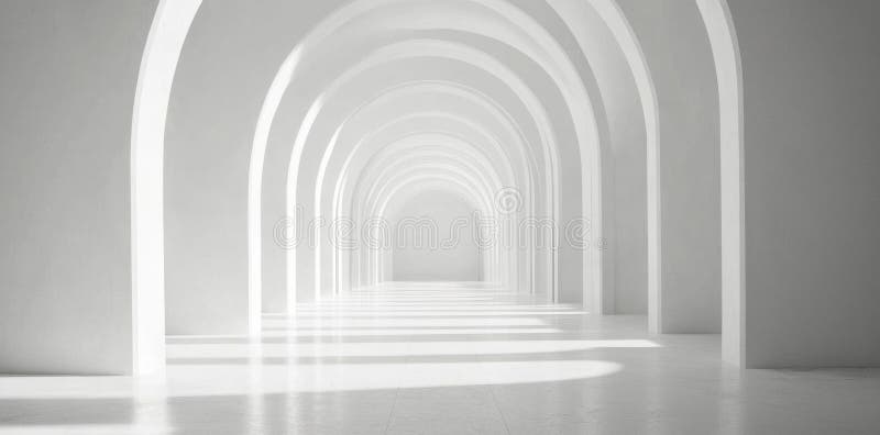 Explore an All White Corridor with Arches and Geometric Light Design ...