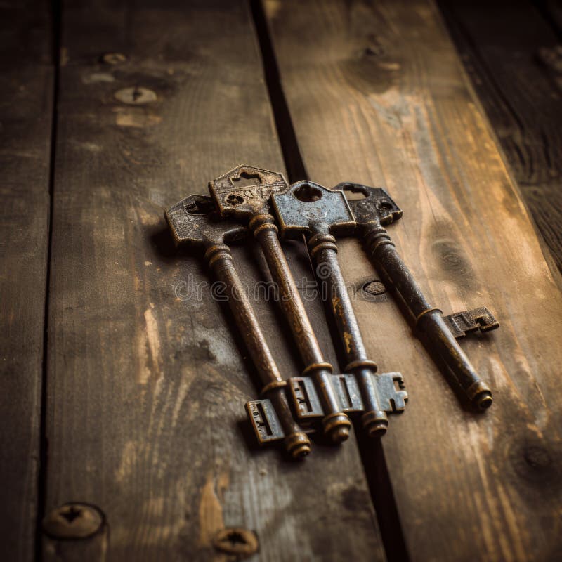 Unlocking the Past: Set of Antique Keys on Wooden Table Stock ...