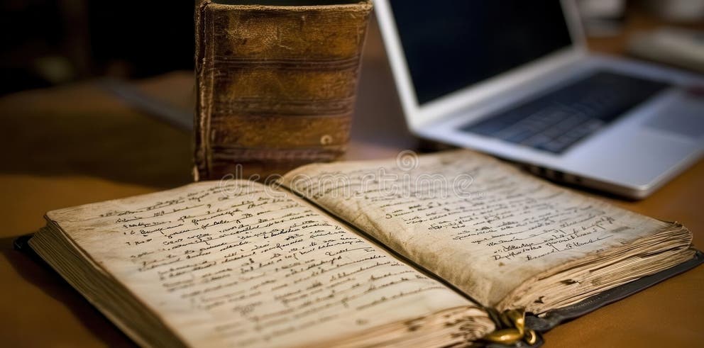 Explore Ancient Text with Laptop for Modern Times in Old Journals Stock ...