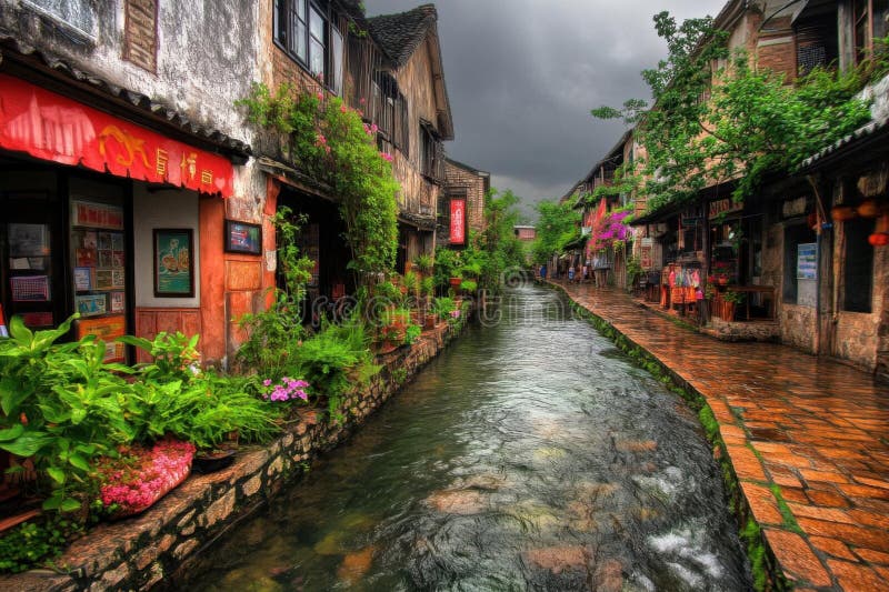 Explore Ancient Town Canals, Waterside Buildings with Lush Greenery and ...