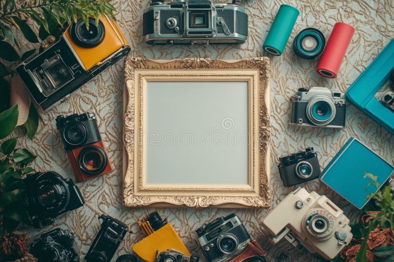 A Vintage Collection of Cameras Surrounds a Blank Picture Frame. this ...