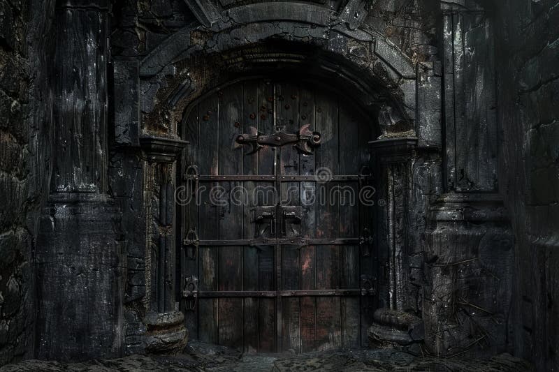Dark, Eerie Medieval Dungeon Door with Rusted Iron Bars and Bolts Stock ...