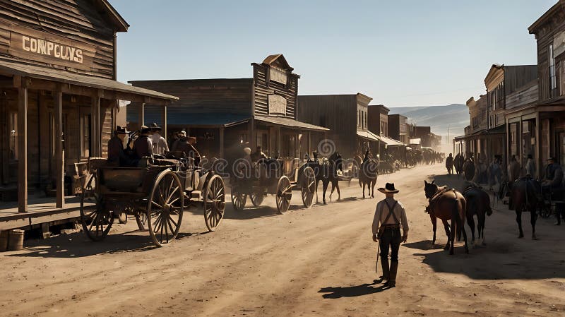 Western Cowboy on Horseback in Desert Frontier Town Old West Scene, and ...