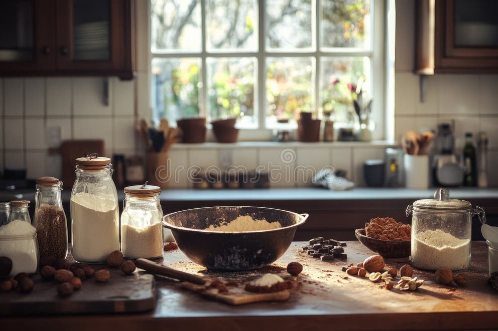 A Cozy Kitchen Scene with Ingredients and Baking Tools in Natural Light ...