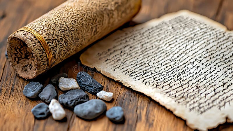 Ancient Manuscript and Stones on Wooden Surface Stock Illustration ...