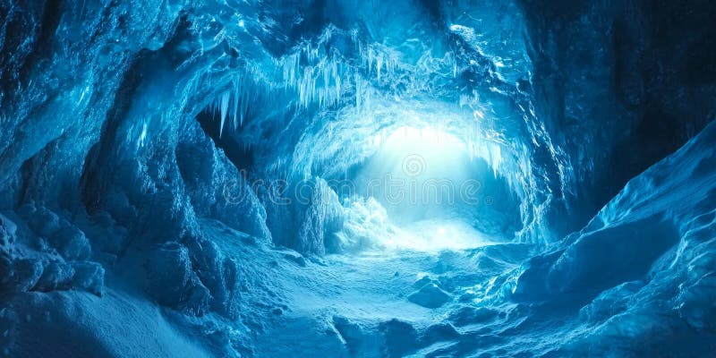 A Stunning Ice Cave Illuminated by Bright Blue Light Creates a Chilling ...