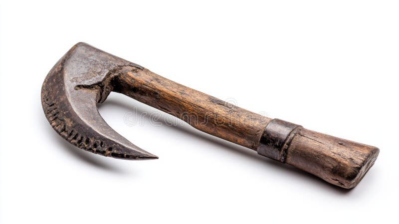 A Rustic Curved Axe with a Textured Wooden Handle. this Tool Carries a ...
