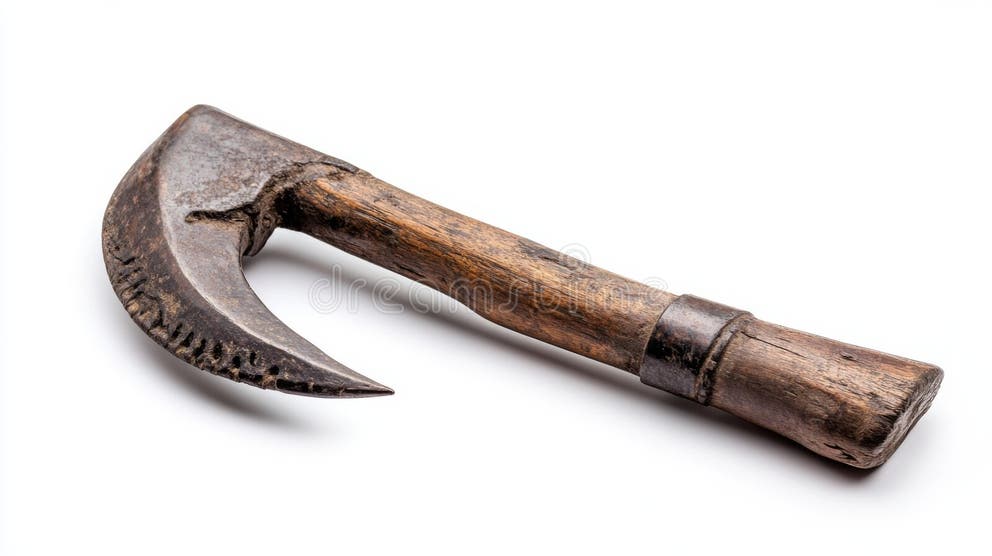 A Rustic Curved Axe with a Textured Wooden Handle. this Tool Carries a ...