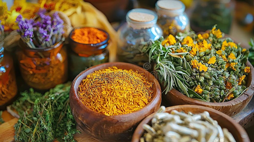 Benefits of Popular Medicinal Plants Displayed on Wooden Surface with ...