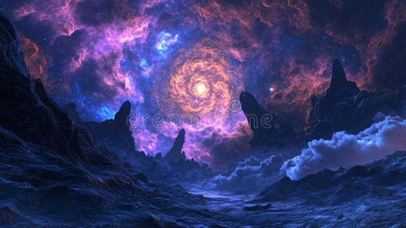 Alien Terrain with Glowing Crystals and Cosmic Vortex Stock ...