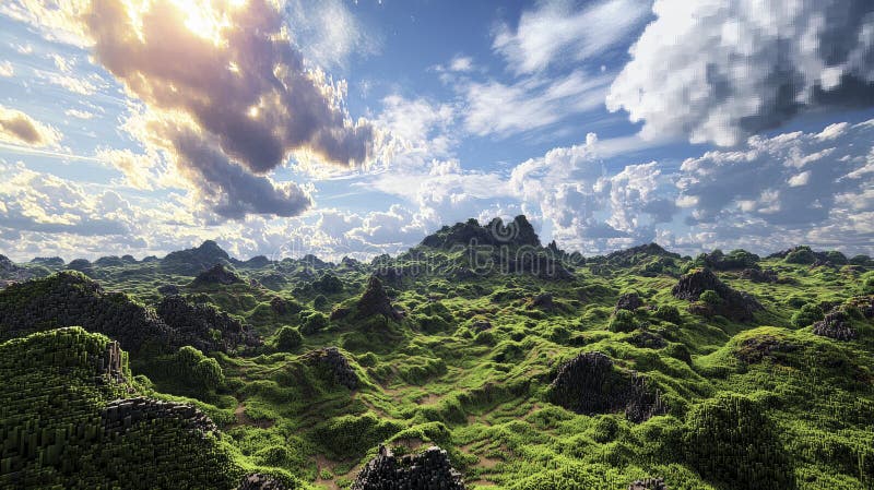 Vibrant Pixelated Landscape with Rolling Hills Nature 3d Art Outdoor ...