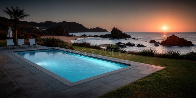 Serene Sunset Over Calm Ocean with Infinity Pool and Rocky Coastline ...